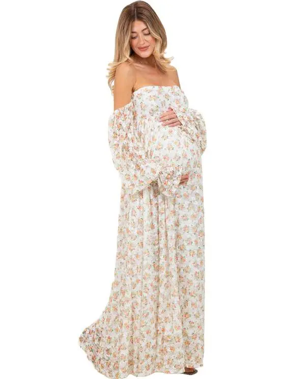 PINKBLUSH Floral Lace Smocked Off Shoulder Maternity Maxi Dress - Orange