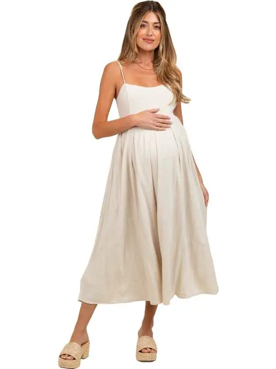 PINKBLUSH Linen Ribbon Pattern Embroidered Midi Dress - Beige