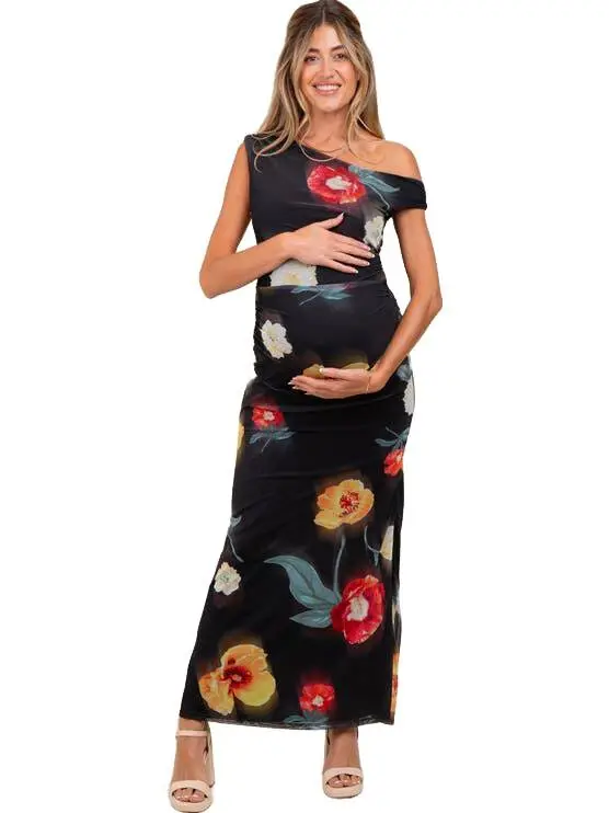 PINKBLUSH Mesh Floral One Shoulder Maxi Dress - Black