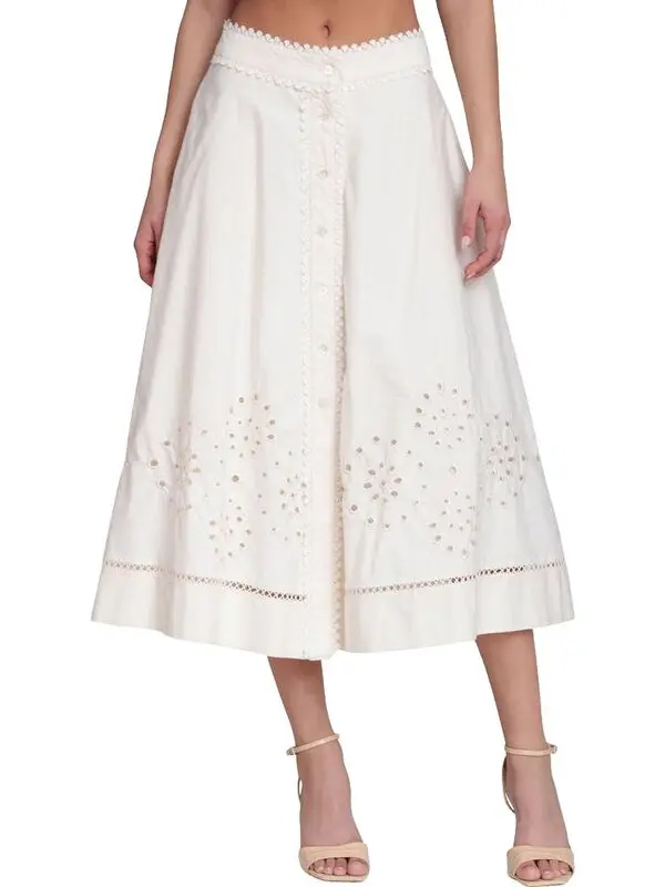 Avec Les Filles Cotton Eyelet A-line Midi Skirt - Cream