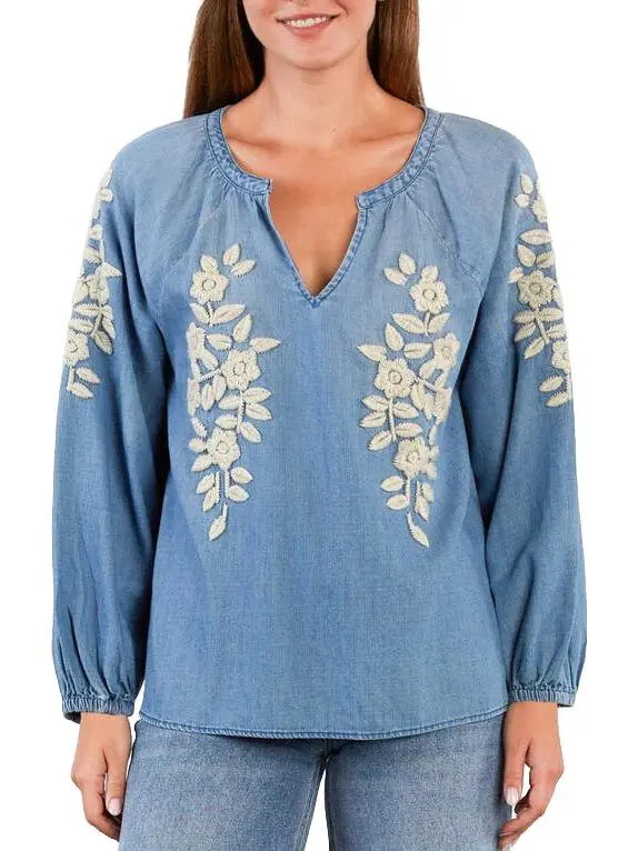 BILLY T Floral Embroidered Popover Top - Denim