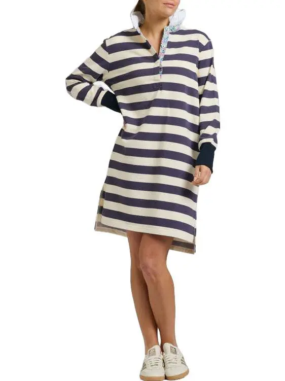 SHIRTY Ruffle Collar Long Sleeve Rugby Dress - Navy White Stripe