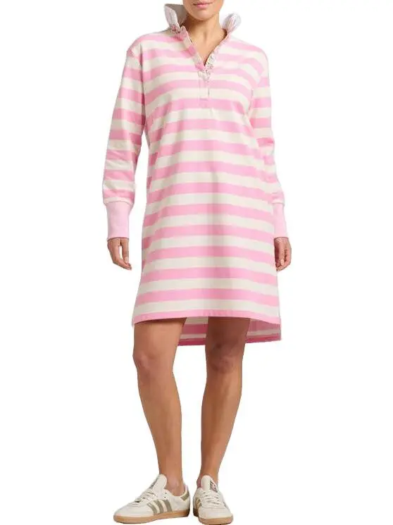 SHIRTY Ruffle Collar Long Sleeve Rugby Dress - Pink White Stripe