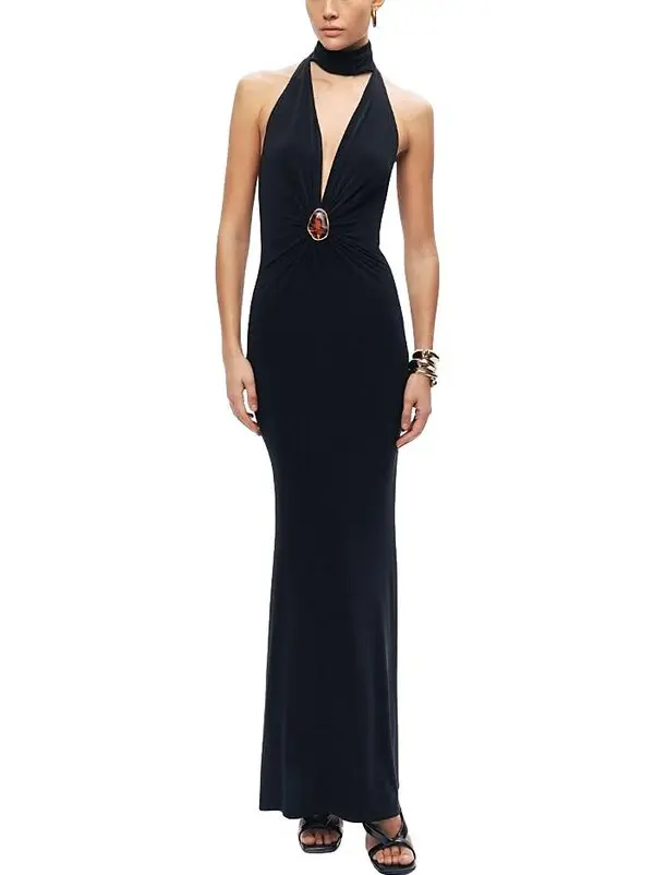 NOCTURNE Halter-neck Draped Maxi Dress - Black