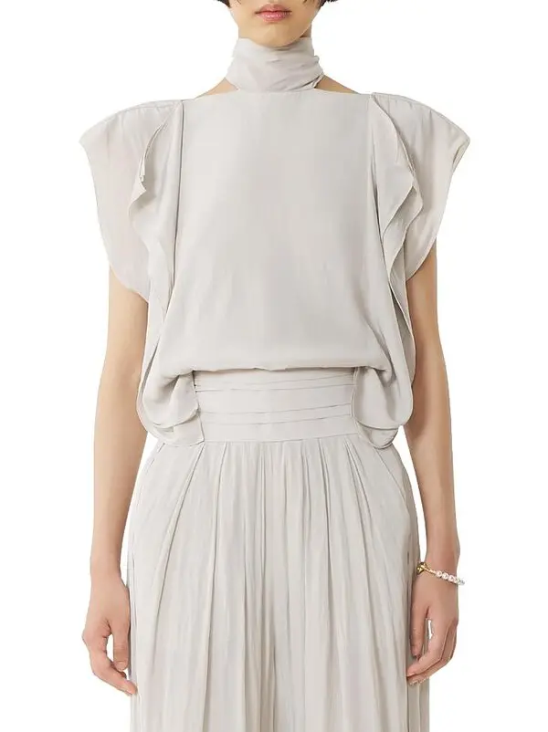 LANVIN Charmeuse Frilled Top With Tie Neck - Plaster.