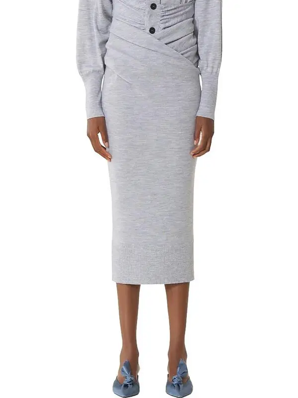LANVIN Draped Wool Midi Skirt - Light Grey.