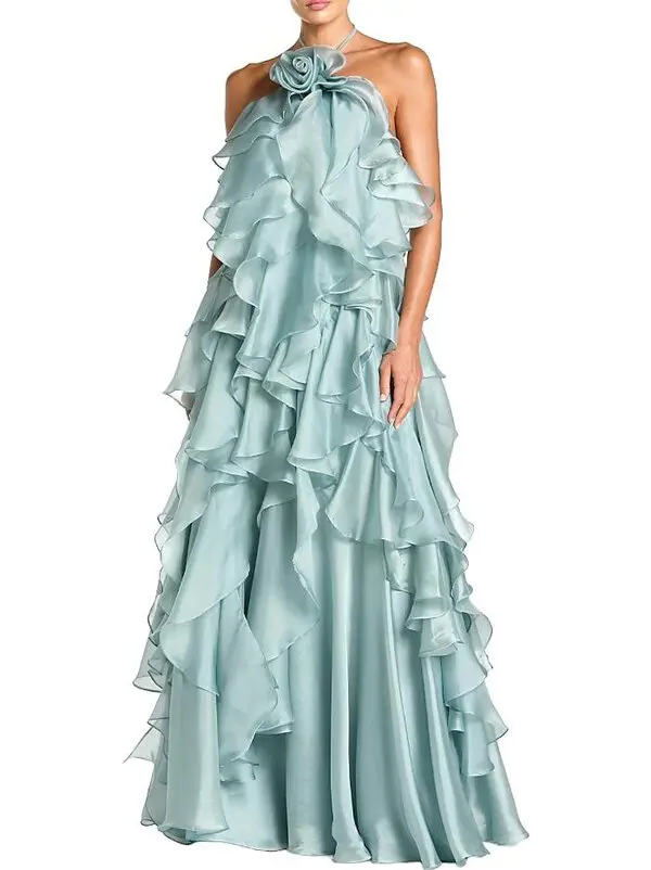 Mac Duggal Organza Halter Neck Open Back Ruffle Gown - Mint
