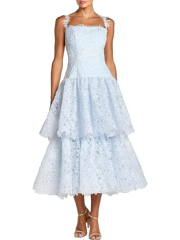 Mac Duggal Petite Sleeveless Embroidered Lace Tiered Midi Dress - Powder Blue