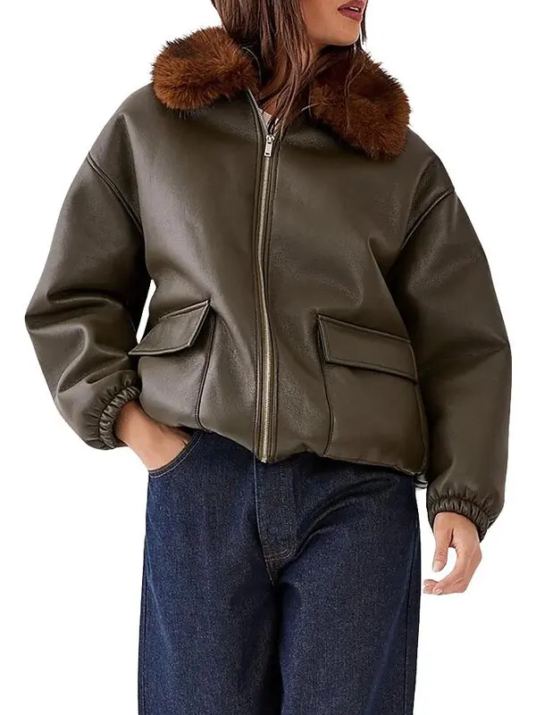 Nasty Gal Bomber Jacket With Faux Fur Collar - Khaki
