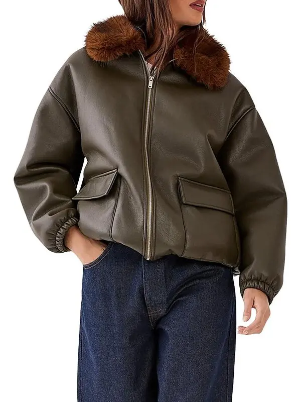 Nasty Gal Bomber Jacket With Faux Fur Collar - Khaki
