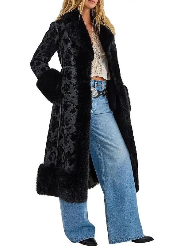 Nasty Gal Faux Fur Floral Jacquard Coat - Black