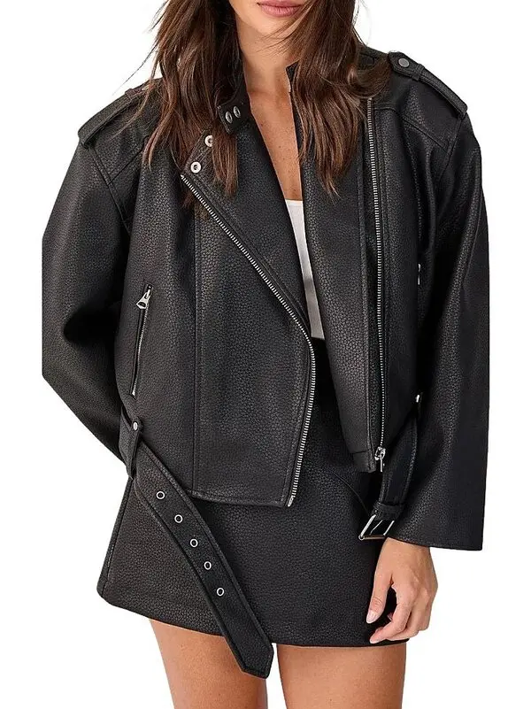 Nasty Gal Belted Faux Leather Biker Jacket - Black