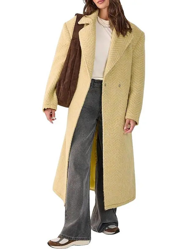 Nasty Gal Double Breasted Brushed Herringbone Coat - Butter