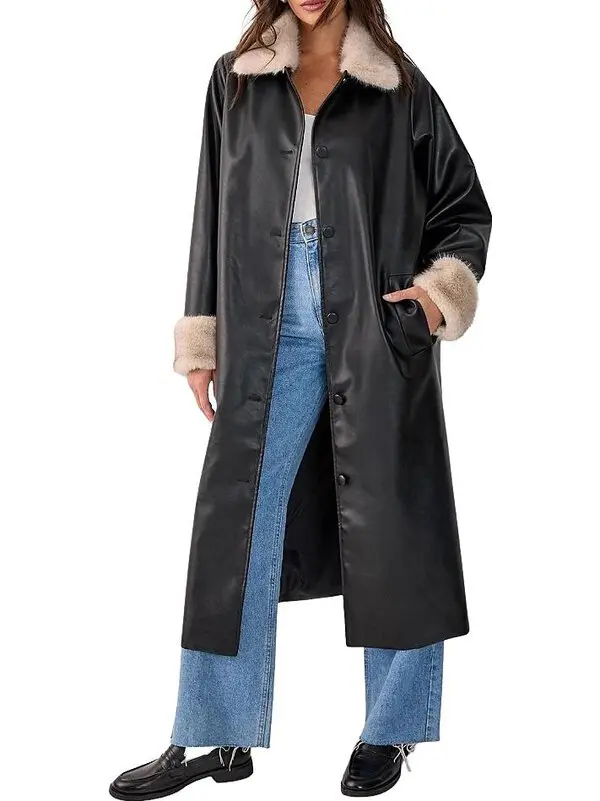 Nasty Gal Faux Leather Longline Fur Trim Coat - Black