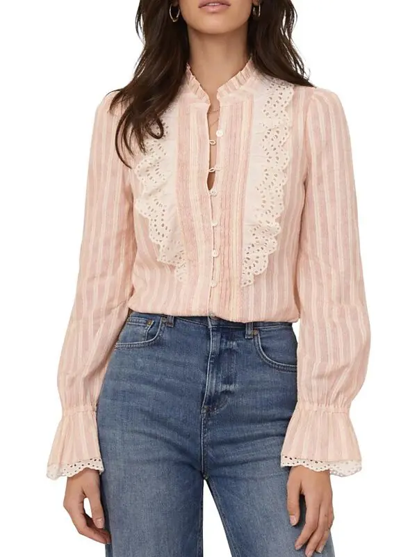Mint Velvet Striped Broderie Trim Blouse - Light Pink