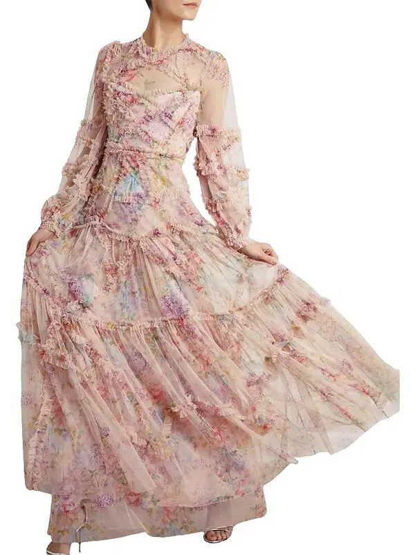NEEDLE & THREAD Floral Diamond Ruffle Gown - Topaz Pink