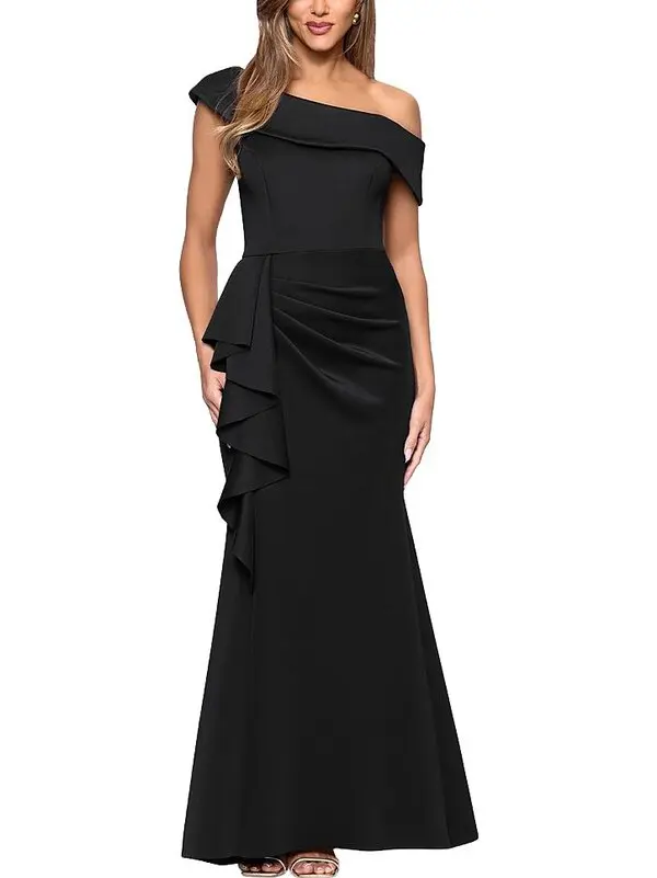 Aqua One-shoulder Ruffle Scuba Crepe Dress - Black