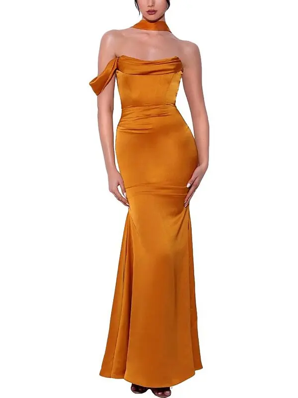 MISS CIRCLE Ivona Lace-up Back Halter Neck Satin Gown - Gold