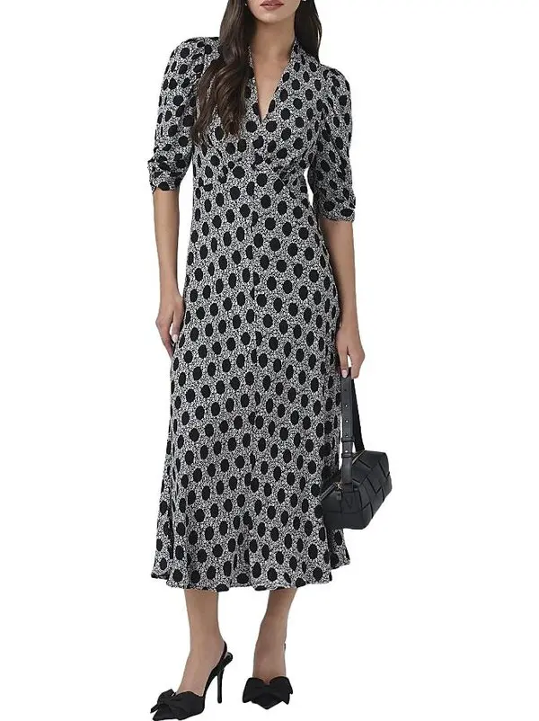 GHOST LONDON Mia Crepe Polka Dot Midi Tea Dress - Black Spot Floral