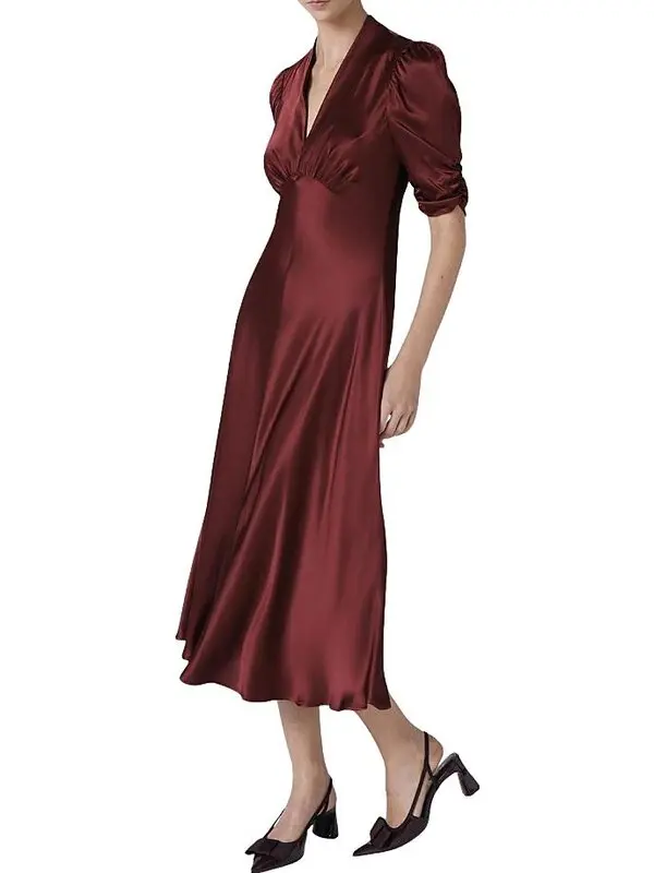 GHOST LONDON Mia Satin V-neck Midi Dress - Burgundy
