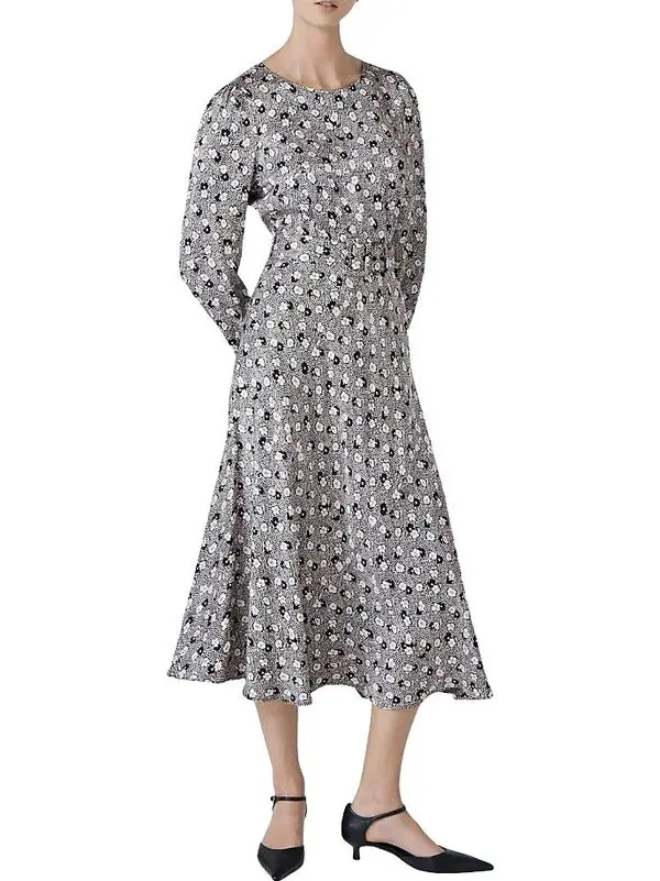 GHOST LONDON Floral Satin Sophia Midi Belted Dress - Black Daisy
