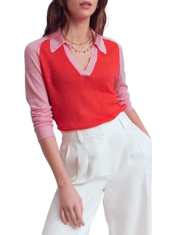 Boden Agnes Colorblock Johnny Collar Sweater - Sunkissed Coral/orchid Smoke