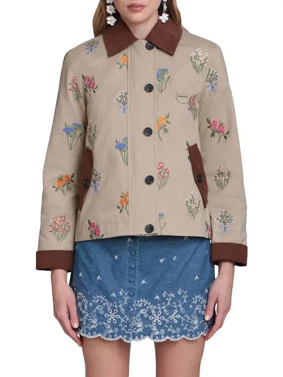 Avec Les Filles Embroidered Floral Cotton Chore Jacket - Khaki