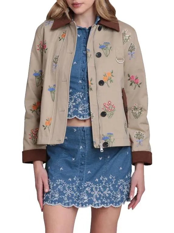 Avec Les Filles Embroidered Floral Cotton Chore Jacket - Khaki