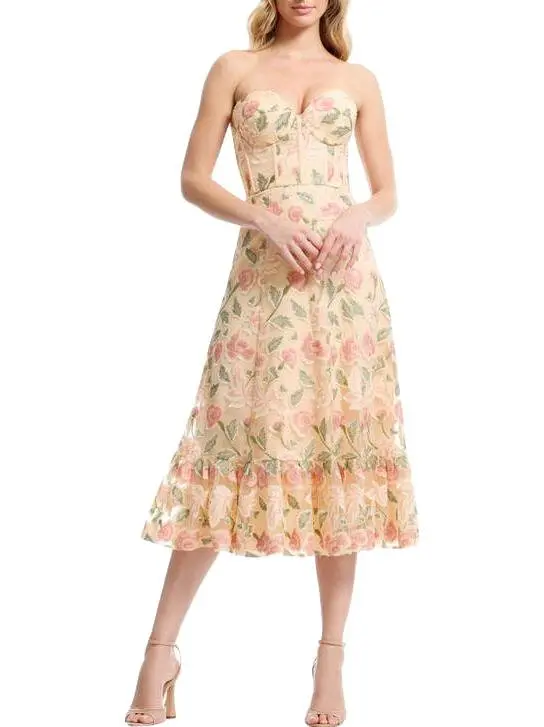 Dress The Population Carina Floral Appliqué Strapless Cocktail Dress - Blush Multi