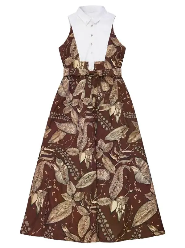 PSOPHIA Retro Bloomleaf Print Tie Midi Dress - Brown