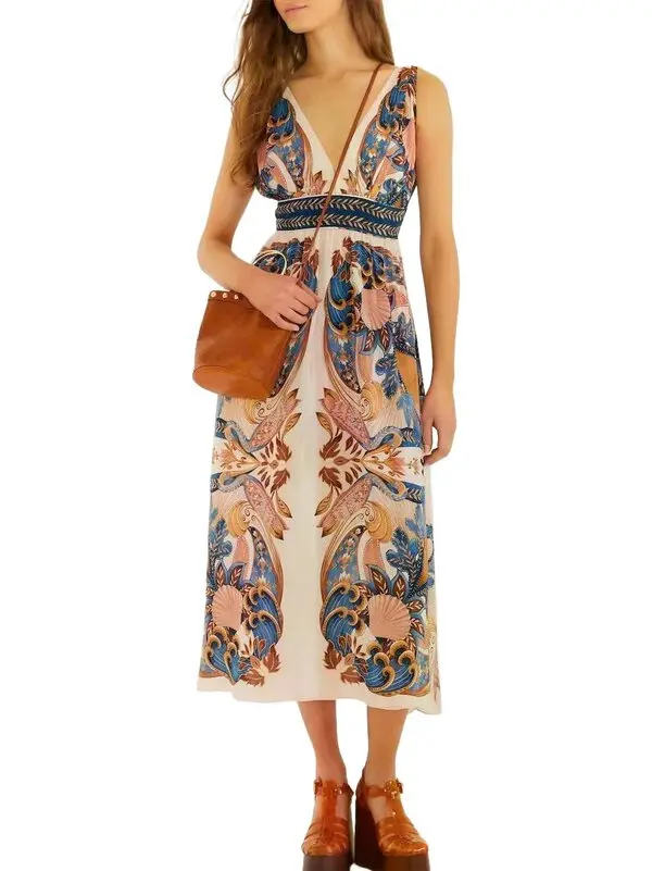 Farm Rio Printed V-neck Midi Dress - Neutrals