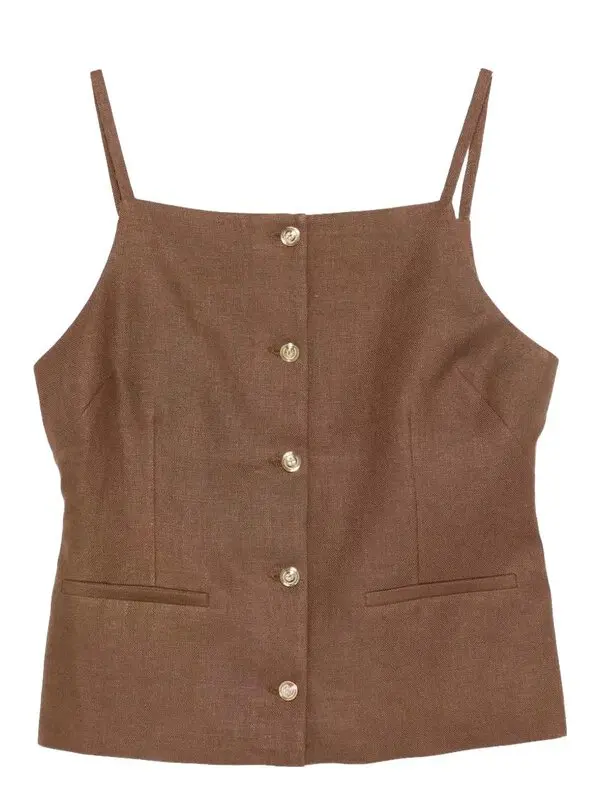 Maje Linen Square Neck Waistcoat Top With Gold-tone Buttons - Brown
