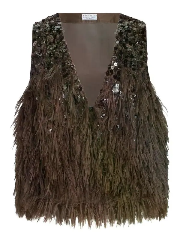 Brunello Cucinelli Sequin Fringed Vest - Brown