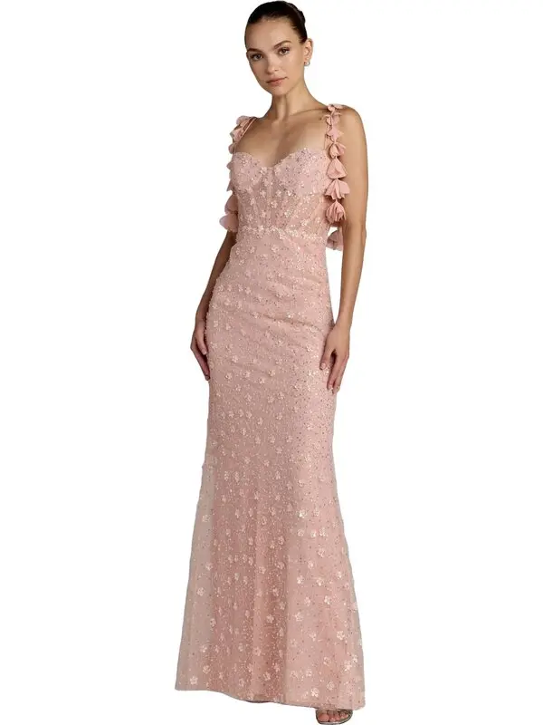 Mac Duggal Embellished Gown With Floral Detail - Rose Gold