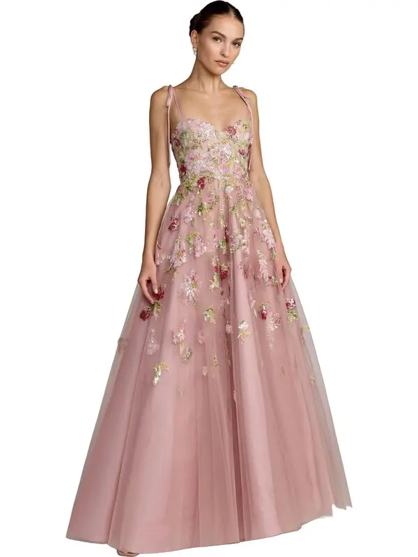 Mac Duggal Floral Embellished Tulle Ball Gown - Mocha