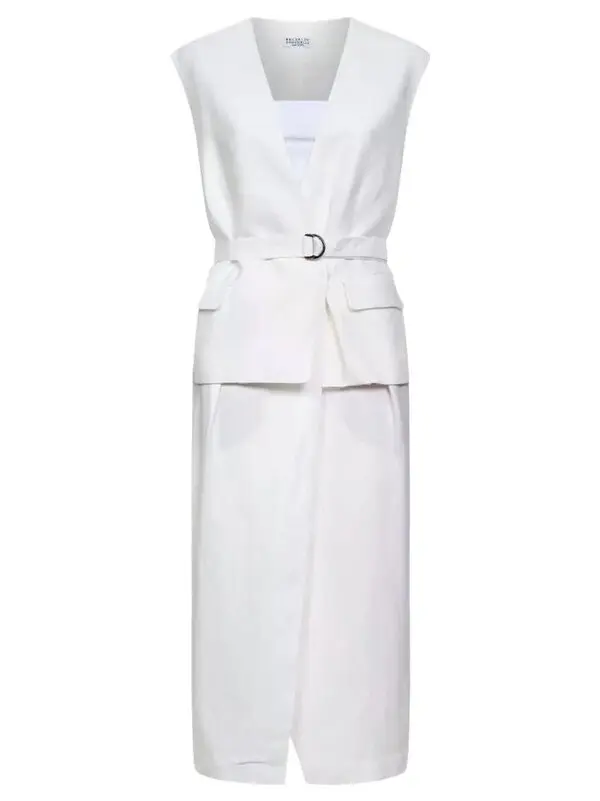 Brunello Cucinelli V-neck Belted Midi Dress - White