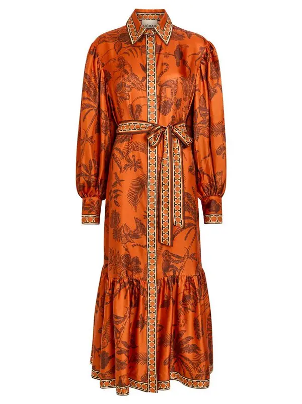 ALEMAIS Alémais Monkey Dance Printed Silk Midi Shirt Dress - Rust