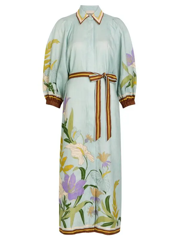 ALEMAIS Alémais Belted Printed Linen Midi Shirt Dress - Blue