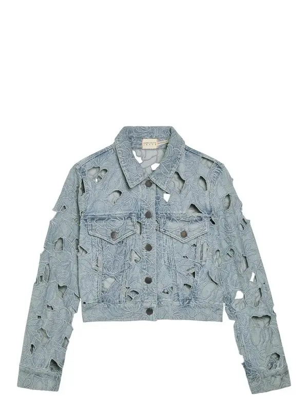 Alice + Olivia Chloe Embroidered Cropped Denim Jacket - Blue