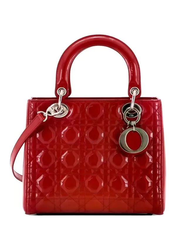 Dior Lady Medium Satchel Cannage Quilt Patent - Red