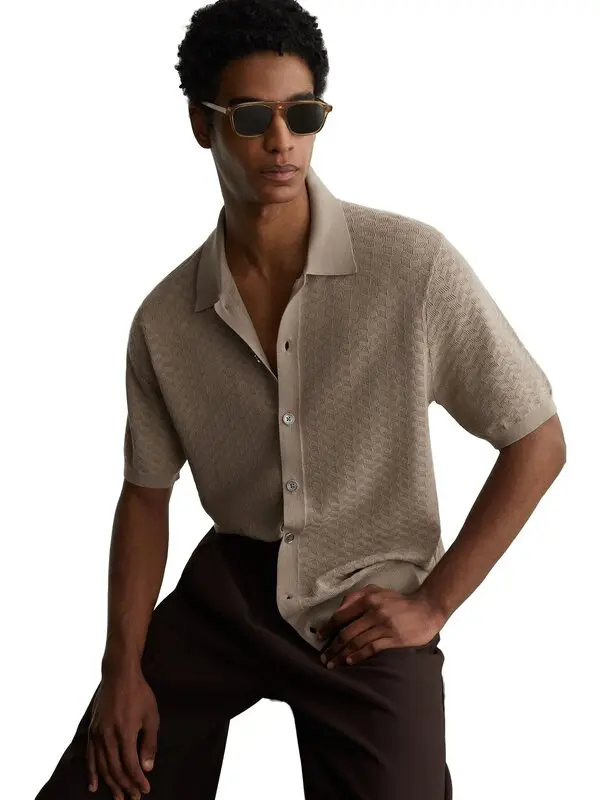 REISS Phoenix Textured-knit Button-through Shirt - Taupe Brown