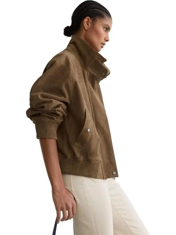 REISS Cara Suede Bomber Jacket - Neutral