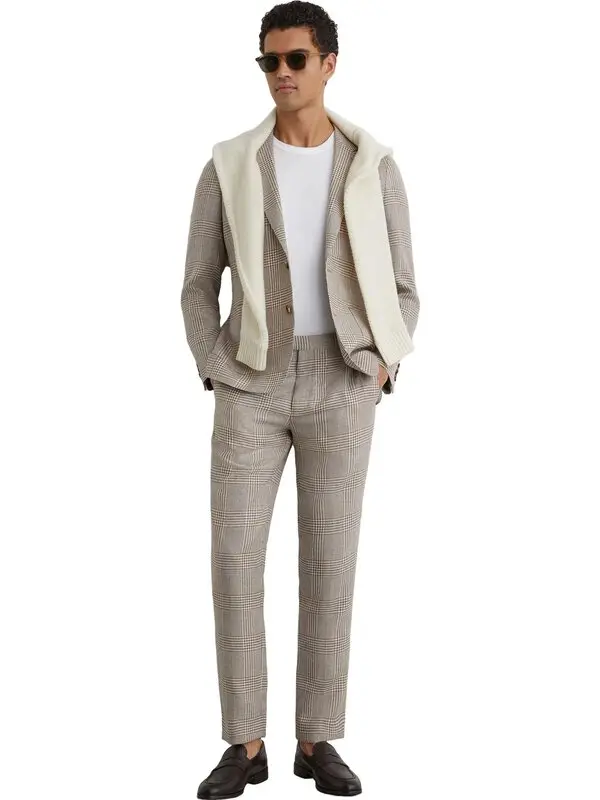 REISS Epsom Linen-wool Check Tailored-fit Suit Trousers - Oatmeal Brown