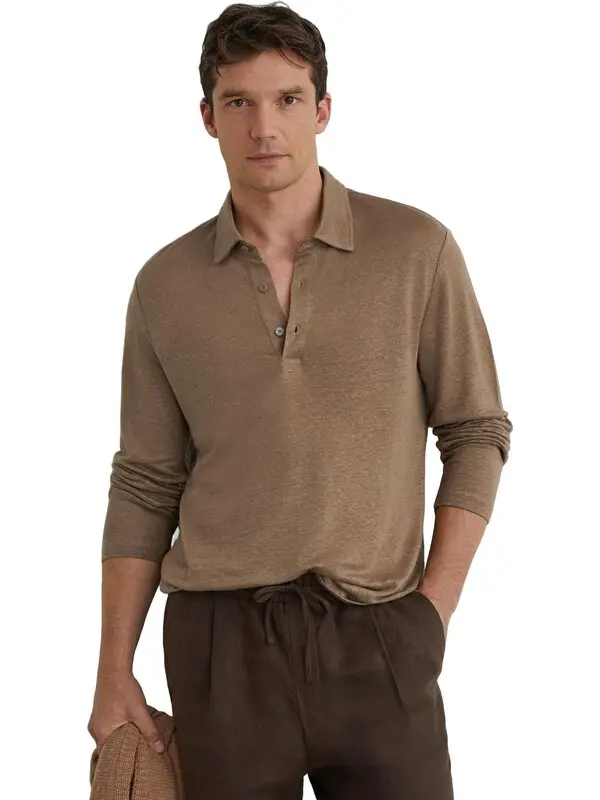 REISS Pembroke Linen Long-sleeve Knitted Polo Shirt - Brown