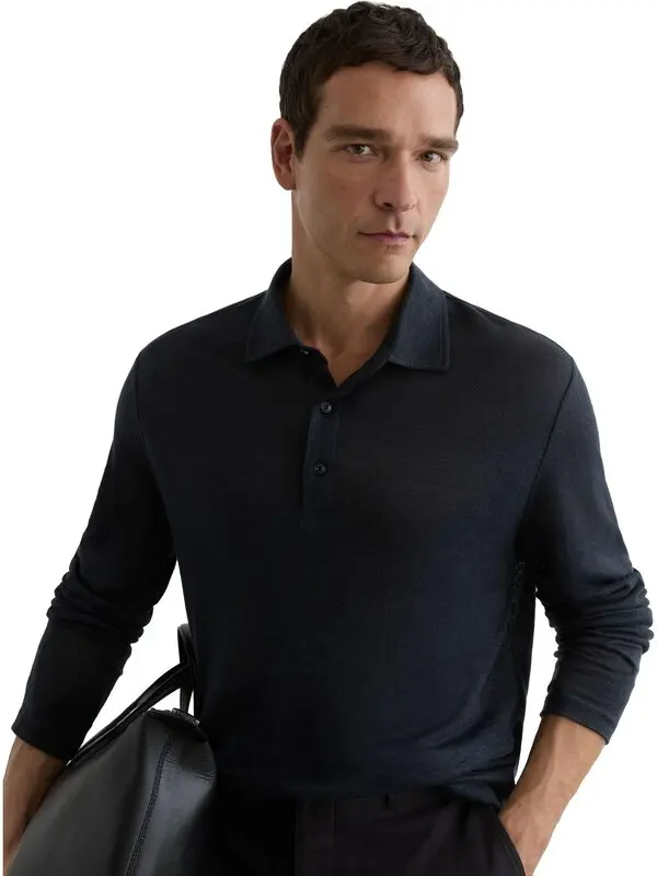 REISS Pembroke Linen Long-sleeve Knitted Polo Shirt - Navy