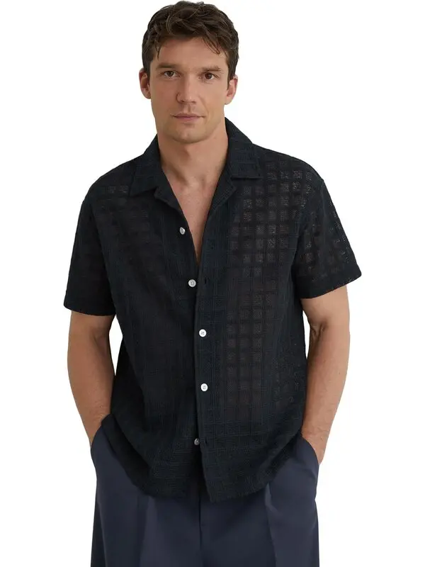 REISS Belardo Cotton-blend Crochet Tile-pattern Shirt - Navy