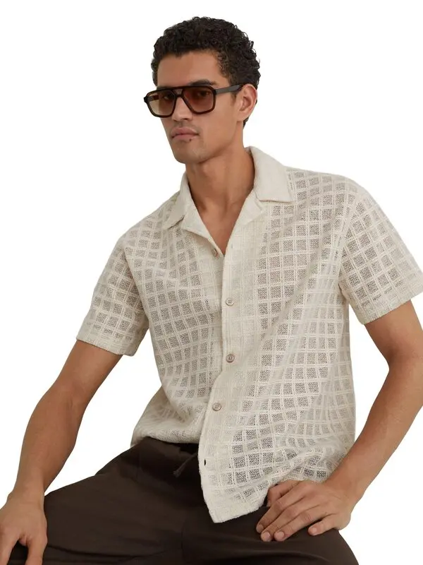 REISS Belardo Cotton-blend Crochet Tile-pattern Shirt - Off White