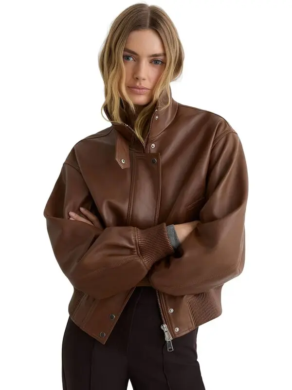 REISS Cara Leather Funnel-neck Bomber Jacket - Chestnut Brown