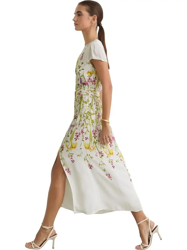 REISS Lyra Floral-print Belted Midi Dress - Cream/yellow