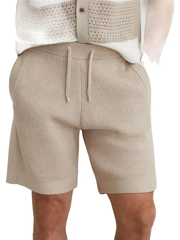 REISS Cotton Textured Knit Drawstring Shorts - Stone
